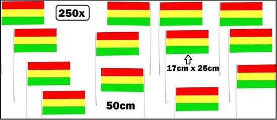 250x Vlaggetje op stok rood/geel/groen 17cm x 25cm - Lengte stok 50cm ...