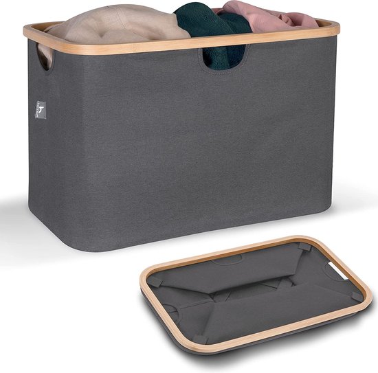 Opvouwbare Wasmand 60L Donkergrijs - Stoffen Wasmand met Bamboe Rand - Opvouwbare... | bol