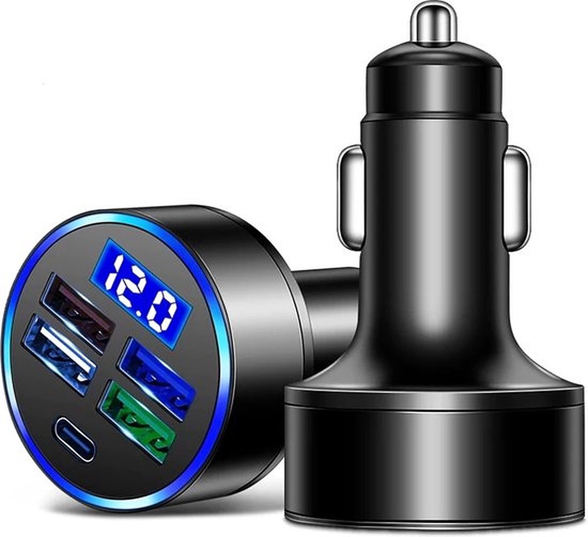 Autolader - 3.1A - 20W - 4 USB Poorten - 1 USB Type C Poort - Accuspanningsmeter - Zwart | bol.com