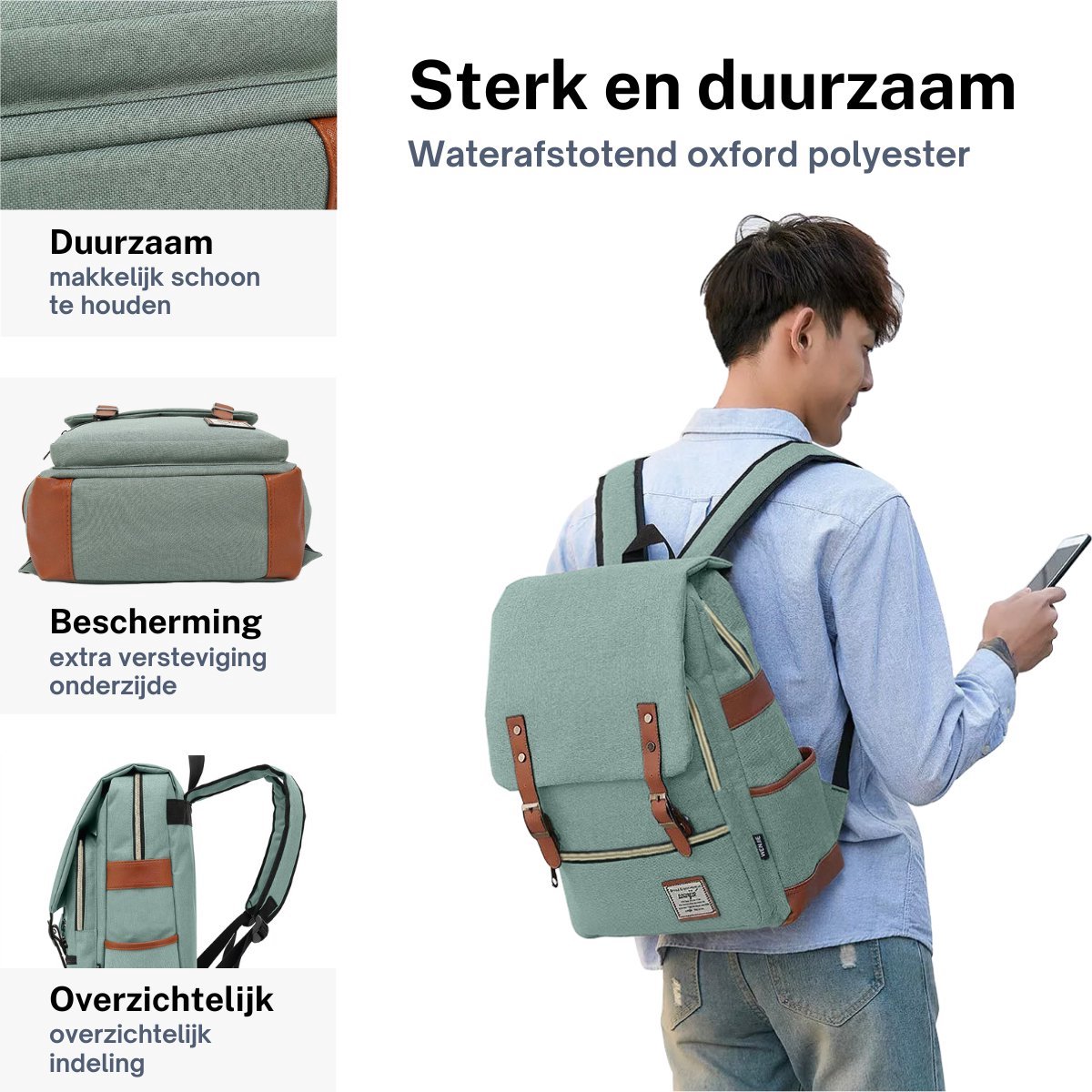 RAMBUX® - Canvas Tas - Rugzak - Pastel Groen - 16" Laptopvak ...