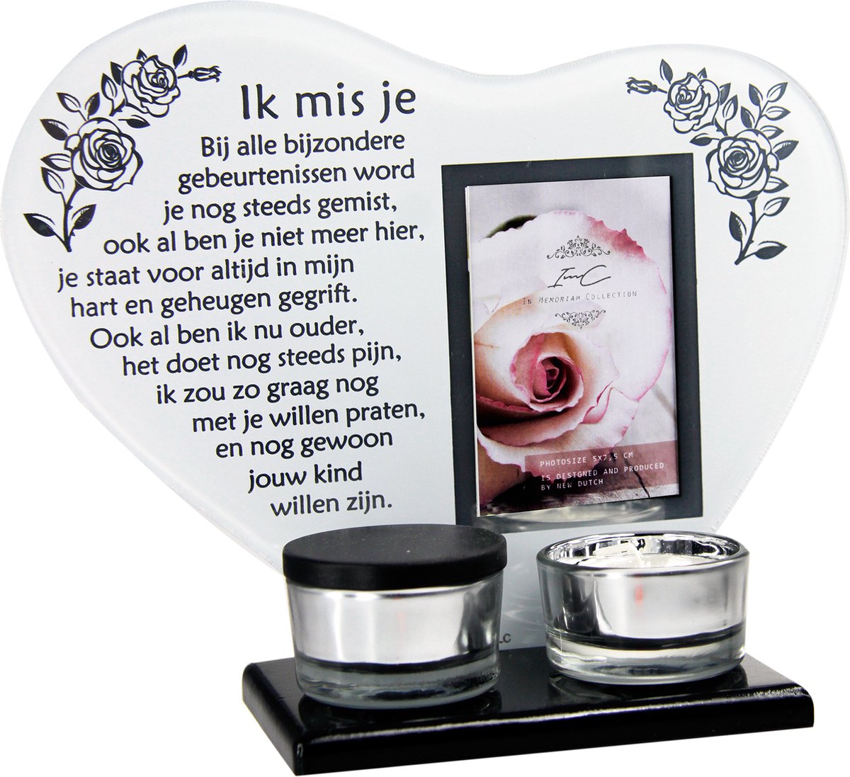Waxinehouder in memoriam overleden glas hart met mini urn gedicht Ik ...