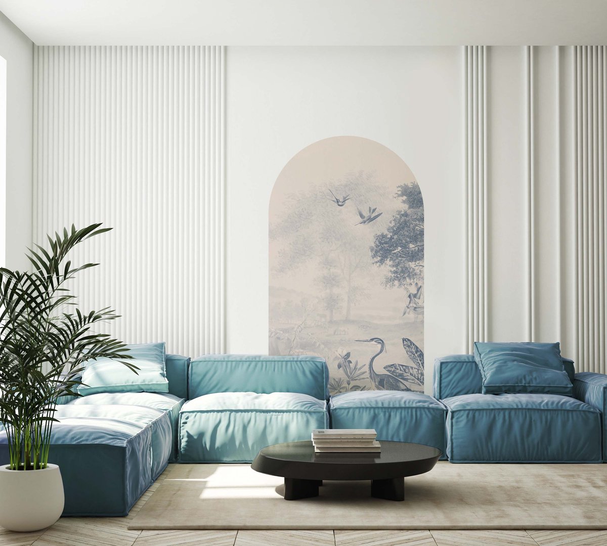 ZELFKLEVENDE BEHANG BOOG STICKER - SCENIC LANDSCAPE TONAL BLUE | bol.com