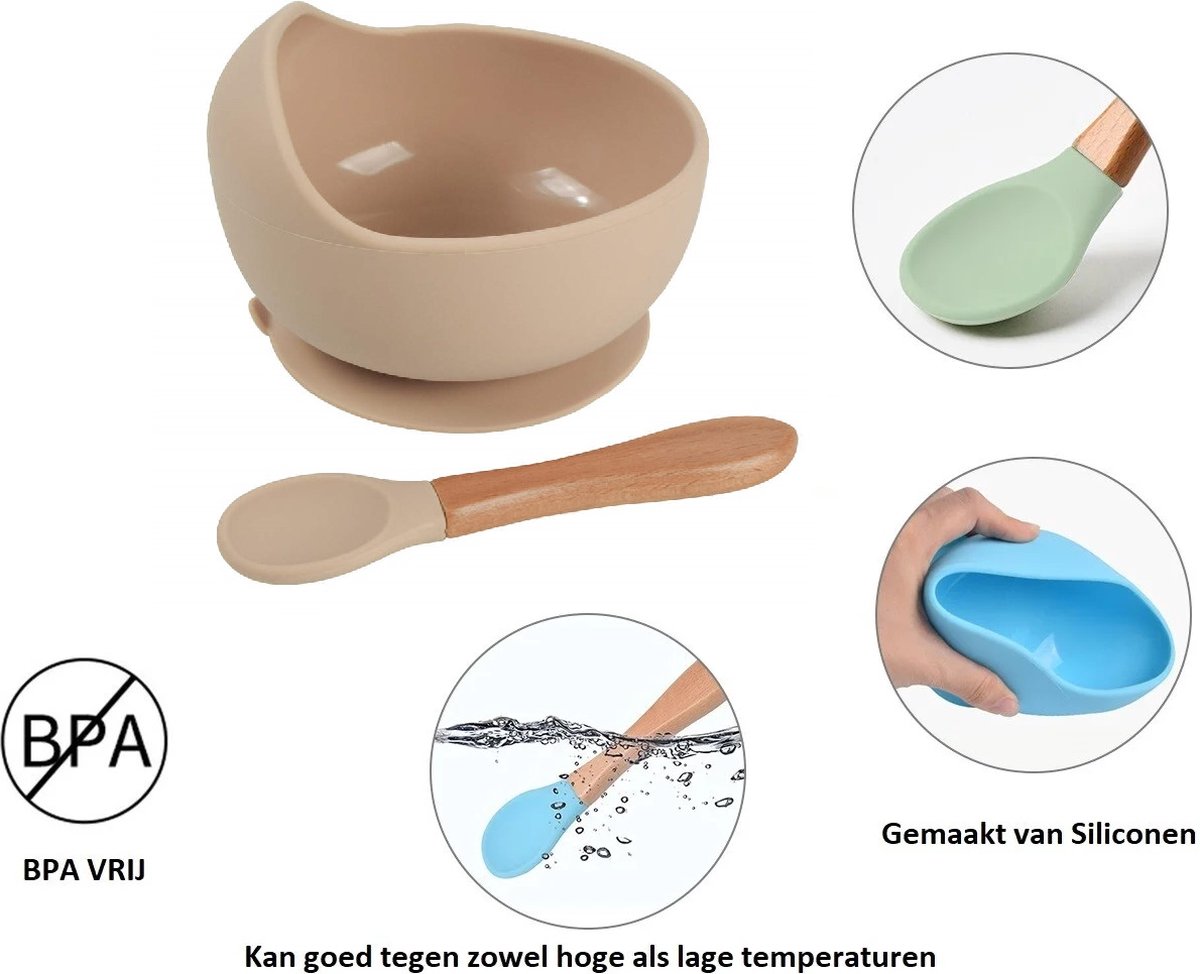 2 Stuks - Baby Kommetjes Bordjes met Zuignap met Lepel - Beige Taupe ...