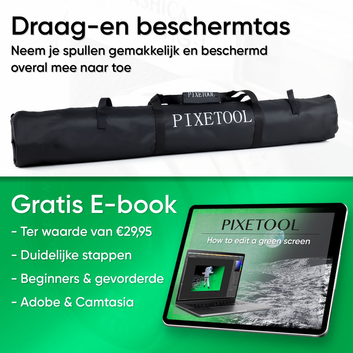 Pixetool - Green Screen Doek 260 x 150cm met achtergrondsysteem 2,6 x 1 ...