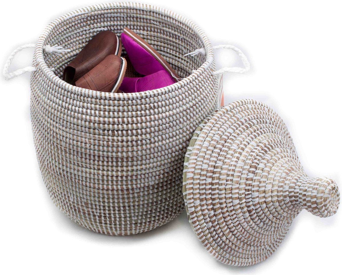 Rieten mandje met deksel traditioneel wit H45cm x D30 cm (Small) | bol.com
