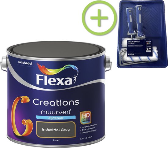 Flexa - Flexa - Creations - Muurverf Zijdemat Industrial Grey - 2,5 liter + Muurverfroller | bol