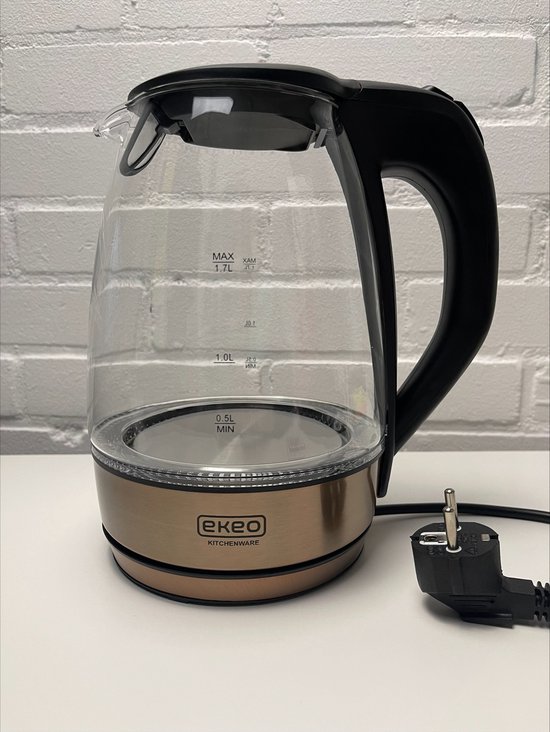 Ekeo glazen waterkoker - Blauwe led verlichting - Zwart/bronze. | bol.com