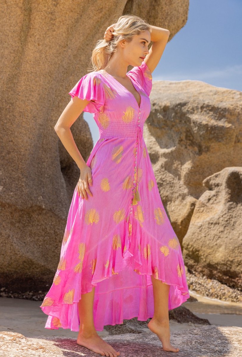 Ibiza jurk – fuchsia jurk – ibiza style jurk – gouden applicaties ...