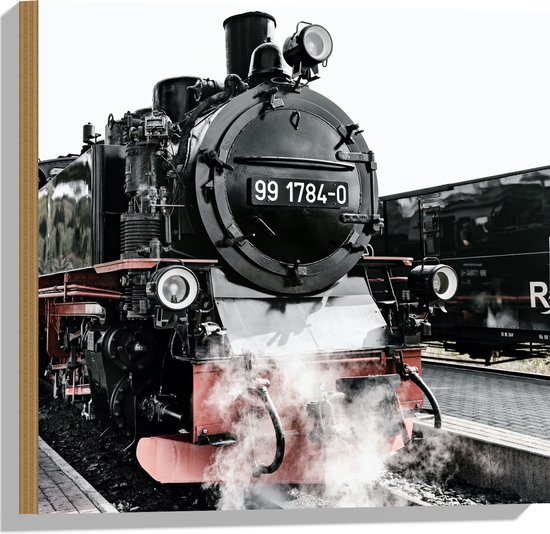 Hout - Vooraanzicht van Zwarte Stalen Stoomtrein - 50x50 cm - 9 mm dik ...