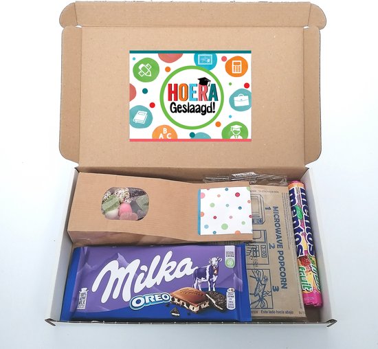 Geslaagd / diploma cadeau - Hoera Geslaagd - Milka Oreo - Popcorn ...