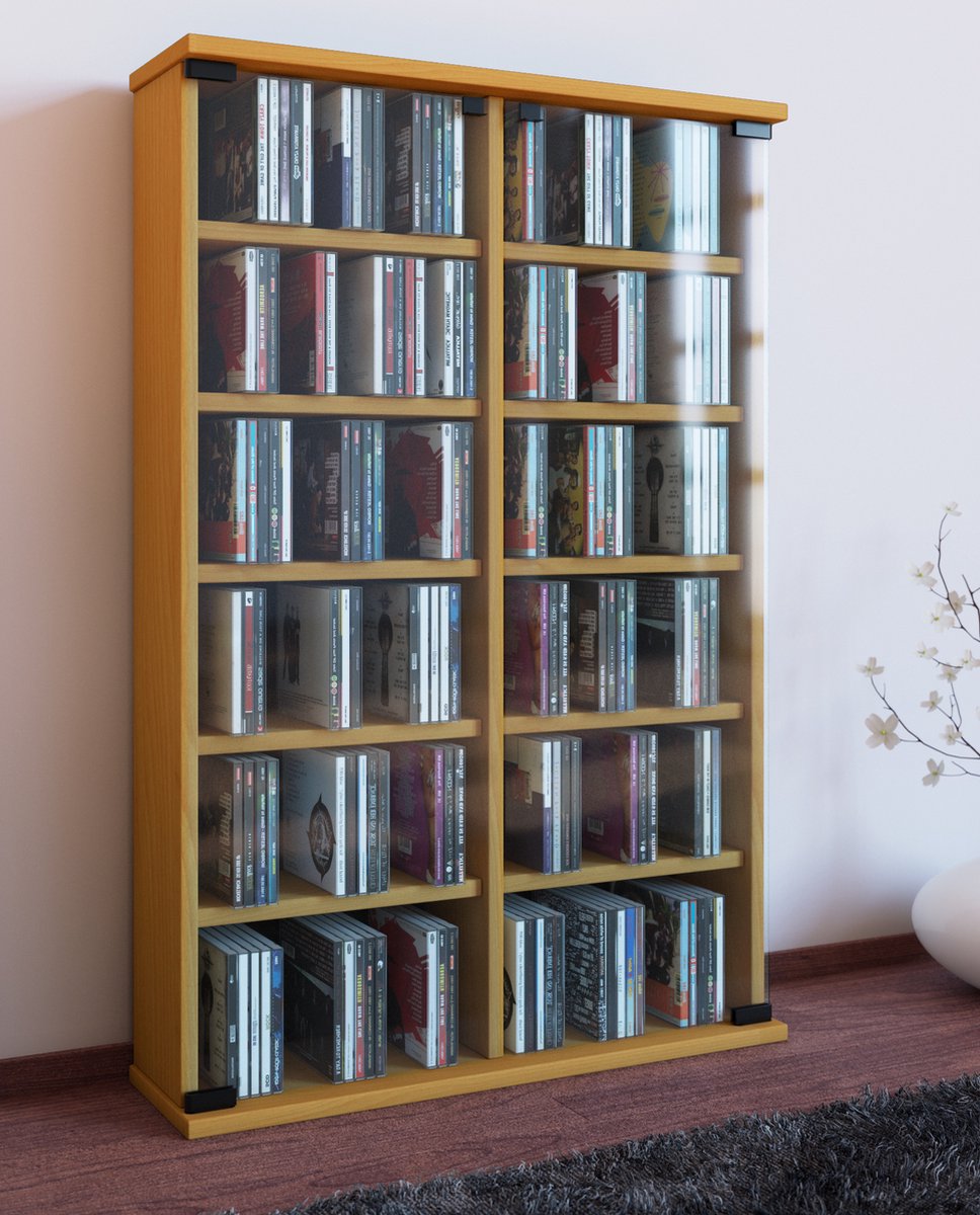 VCM Houten CD DVD Stand Shelf Kabinet Opbergvloer Stand Roma Glazen ...