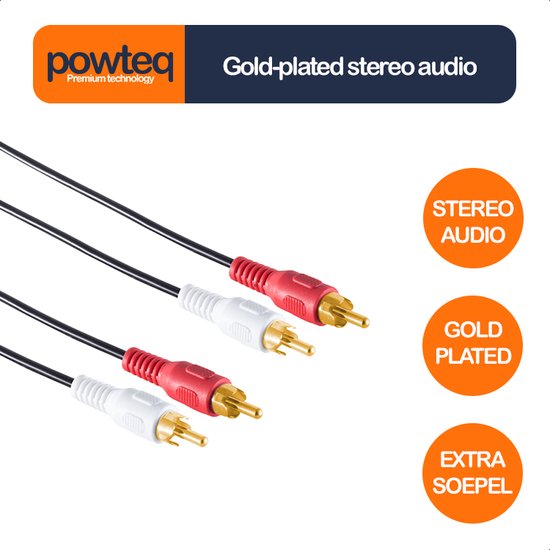 Gold-plated audiokabel - Powteq - 5 meter - 2 x RCA/Tulp - Composiet audio - Stereo... | bol