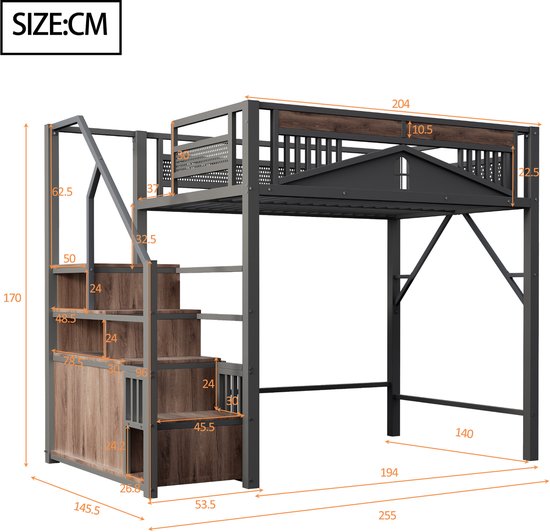 Sweiko Hoogslaper - 140 x 200 cm - Metalen reling - Met opbergkast ...