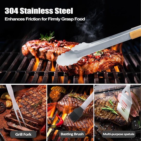 Complete Houten BBQ Gereedschapset RVS – Grillaccessoires Cadeau voor ...