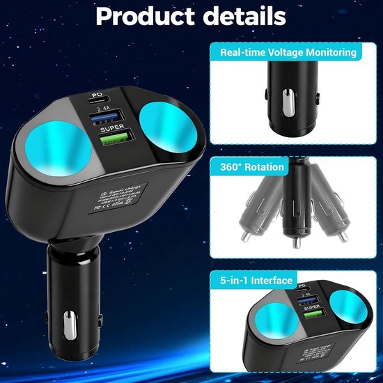 Auto-oplader met 5-in-1 verdeler en LED-voltmeter voor auto, SUV en ...