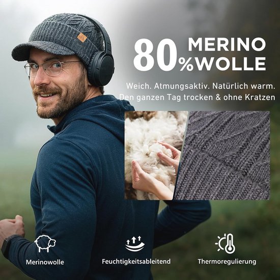 Waterdichte gebreide muts voor dames en heren - Merinowol met klep en ...