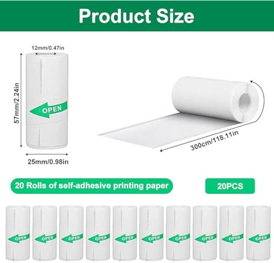 20 rollen zelfklevend thermisch papier van 57 x 25 mm voor miniprinters ...