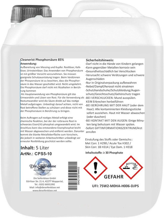 Fosforzuur 85% - Roestomvormer en Kalkoplosser - 5 Liter Jerrycan | bol