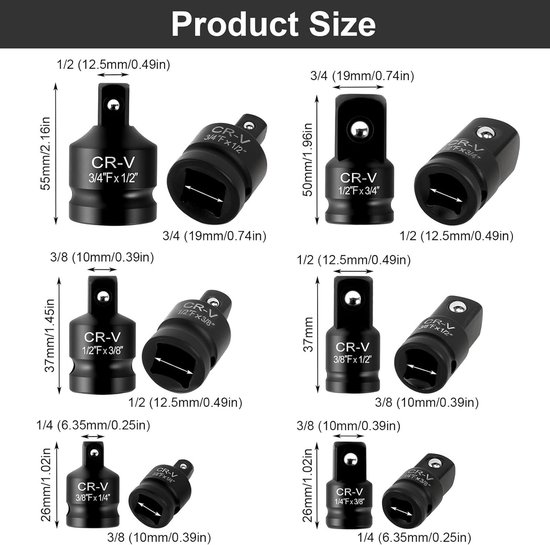 Socket wrench adapter set - 6 pcs - 3/4 to 1/2 - 3/8 to 1/2 - 3/8 to 1/ ...