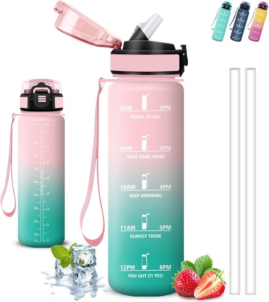 1 Liter Sport Waterfles met Rietje, Lekvrij en Draagbaar | bol