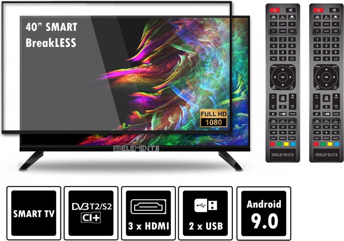 ELEMENTS SMART TV 40" INCH ANDROID 9.0 BREAKLESS GLASS | bol.com