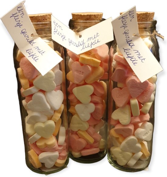 Snoep - 3 glazen flesjes met hartjes | bol