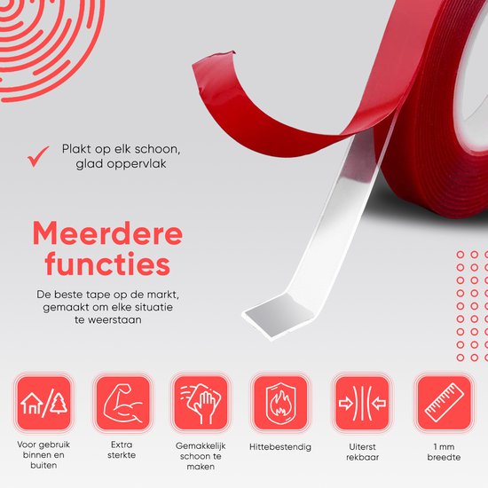 Ribaflex®- Dubbelzijdig Tape - Montagetape - Extra Sterk - Herbruikbaar - Rood -... | bol