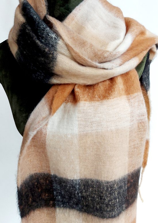zaZa'z - Sjaal - Zand/Zwart/Bruin- Blok - 200x55cm | bol.com