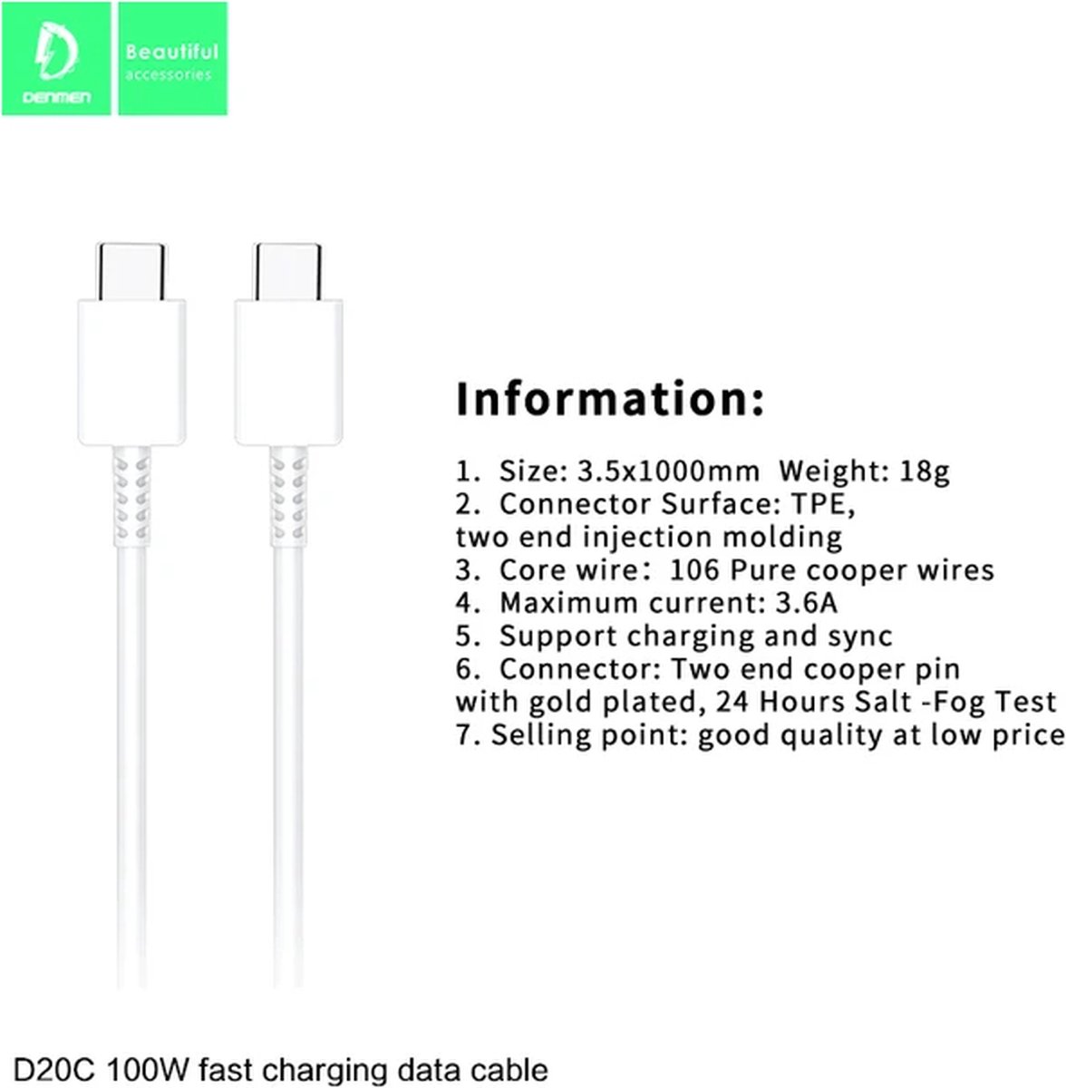 DENMEN D20C Câble USB USB-C - USB-C PD Power Delivery 3.6A 100W 1M Wit ...