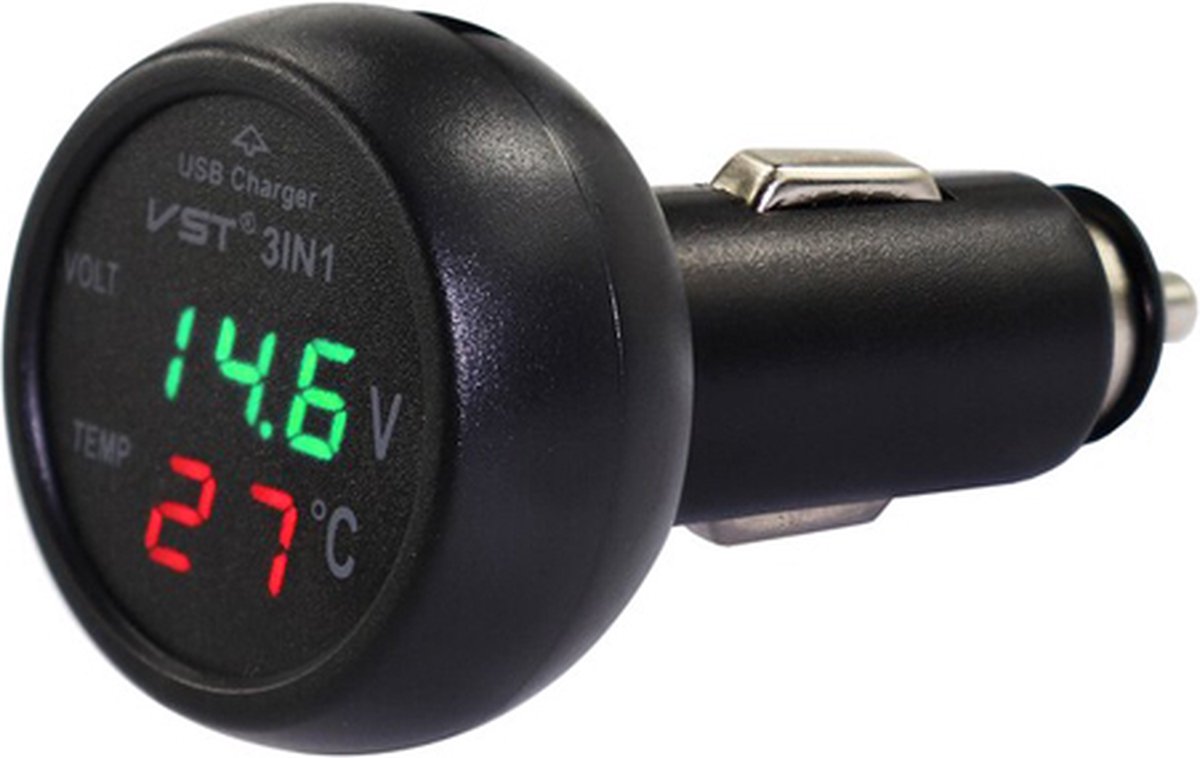 3 in 1 USB Auto lader met Voltmeter + Thermometer - 12/24V - 9~70°C ...