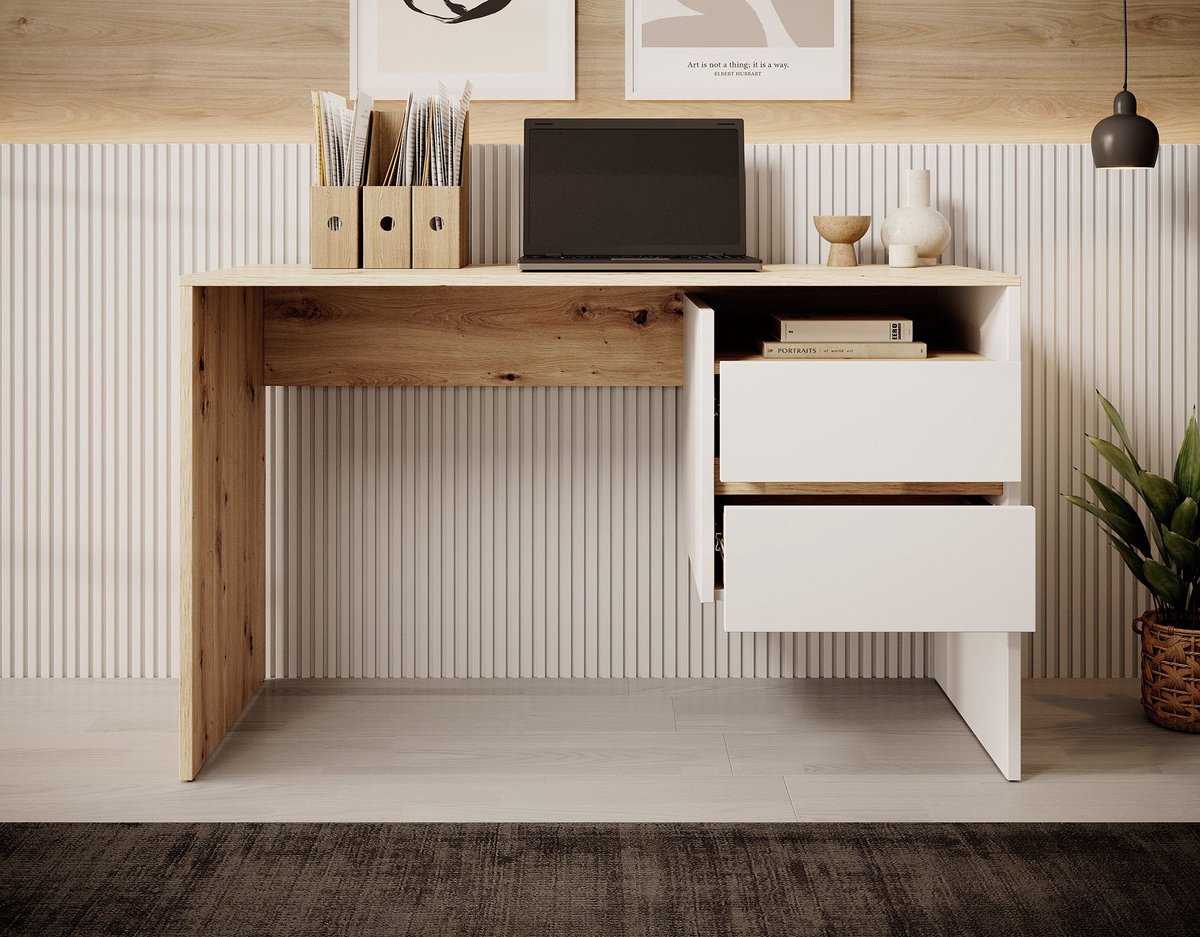 Meubella - Bureau Pierre 3 - Eiken - Wit - 125 cm | bol.com