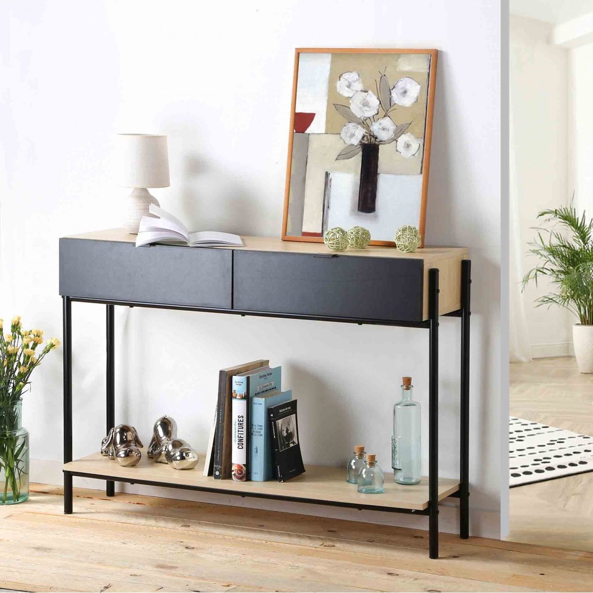 Console in industriële stijl met 2 lades en een legplank in eiklook | bol.com