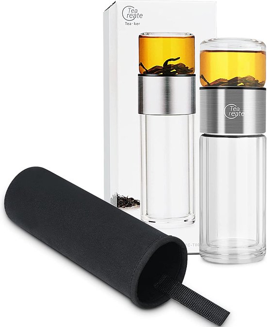 Tea Create Teaker 238 ml met hoes, theefles met zeef, dubbelwandig voor ...