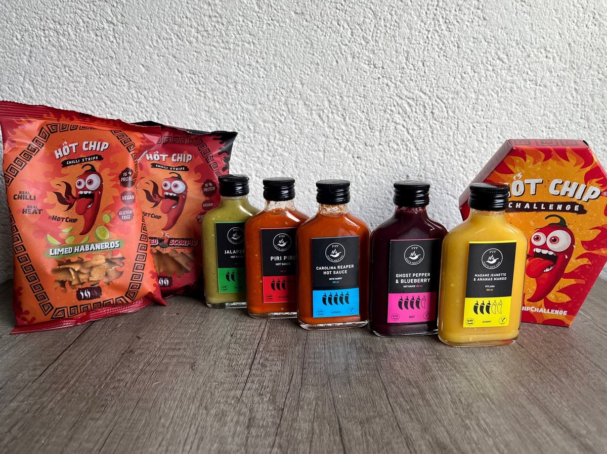 Hete Sauzen Snack Pakket - 5 Hete Sauzen, 2 zakjes pittige chips en Hot ...