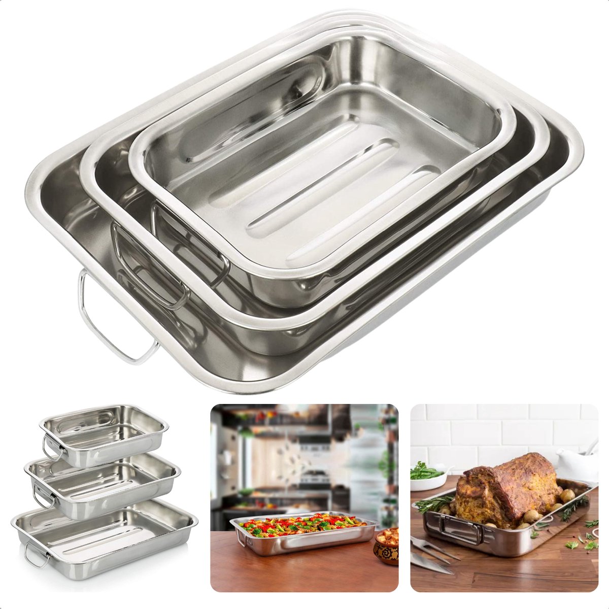 Cheqo® Braadslee Set - Braadslede Set - Ovenschalen - RVS - Set van 3 ...