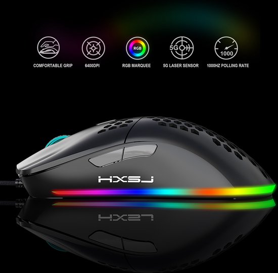 HXSJ J900 Zwart Gaming Muis bedrade Ultra licht RGB Verlichting 6400 ...