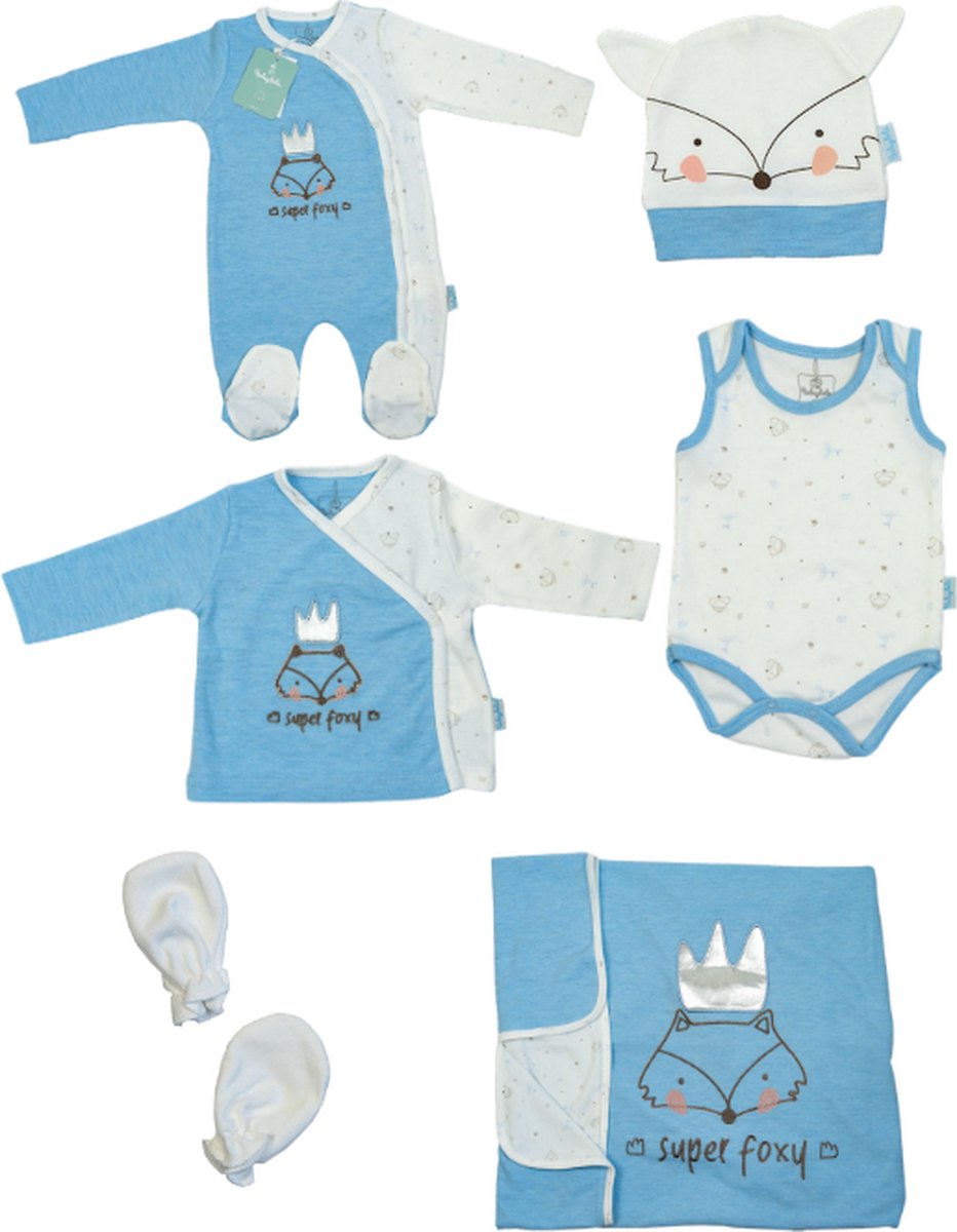 100% katoen Fox Newborn baby kleding set 6 delig - Blauw - Geschkenkset ...