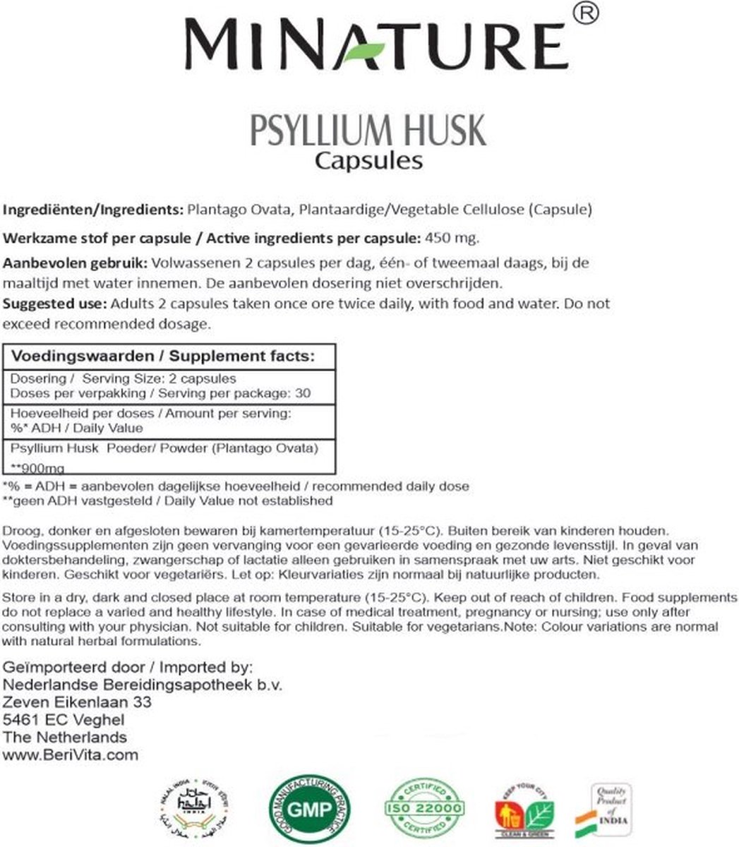 Psyllium Capsules 60 stuks - 450mg Poeder van Psylliumvezels per Vega ...