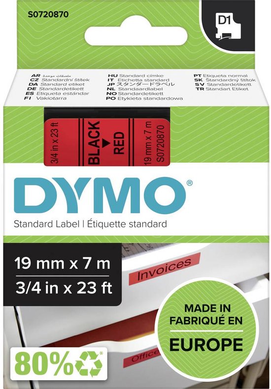 DYMO originele D1 labels | Zwarte Tekst op Rood Label | 19 mm x 7 m | zelfklevende... | bol.com