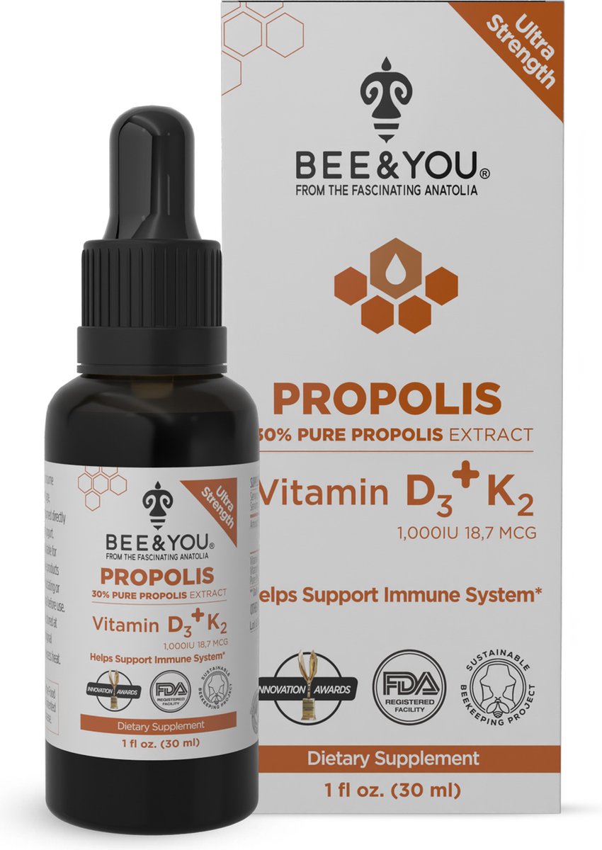 BEE&YOU 30% Puur Propolis Tinctuur - met Vitamine D3 en K2 - Grote Bron ...