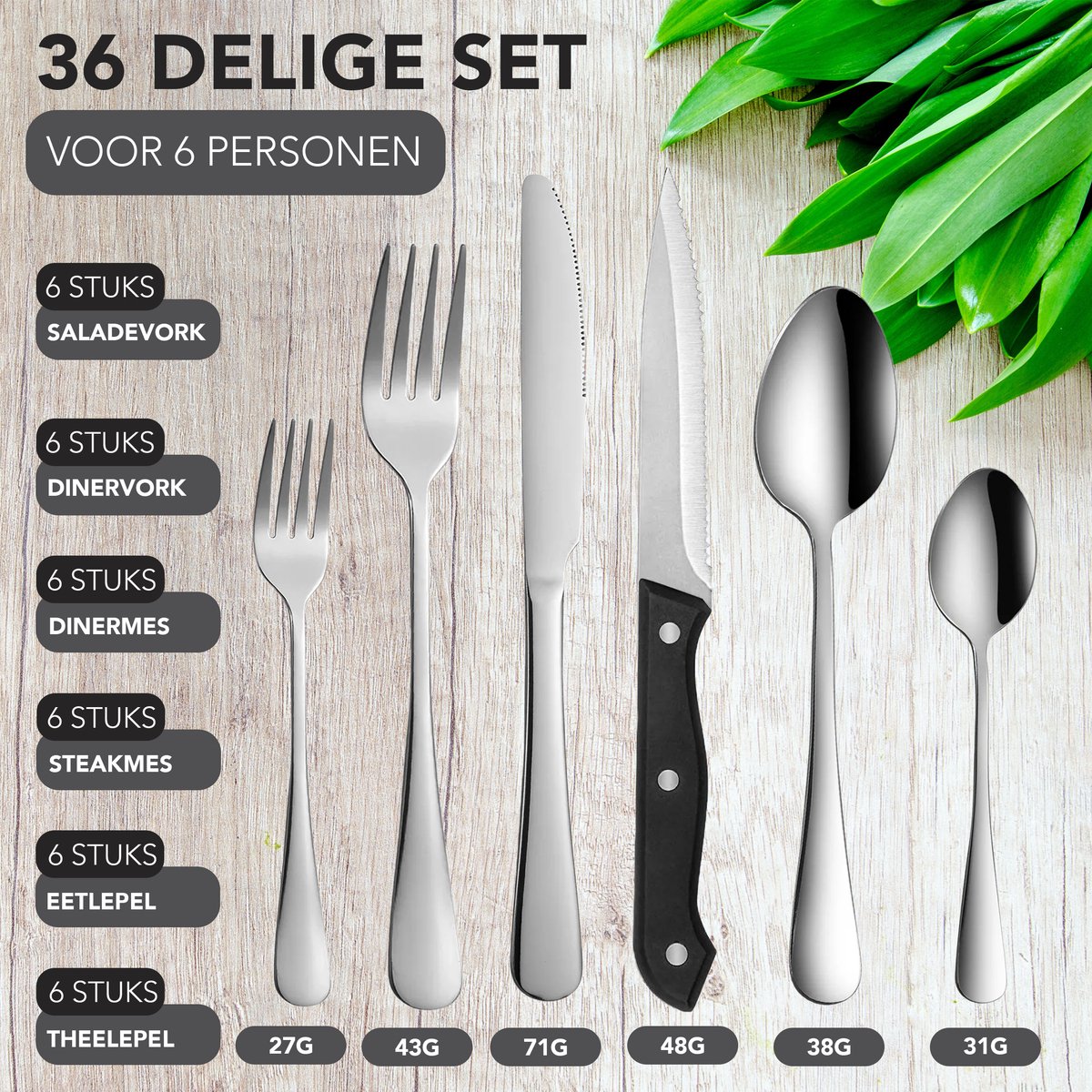 Achaté Bestekset 6 Persoons - 36-delig - RVS - Lepels, Messen, Vorken ...