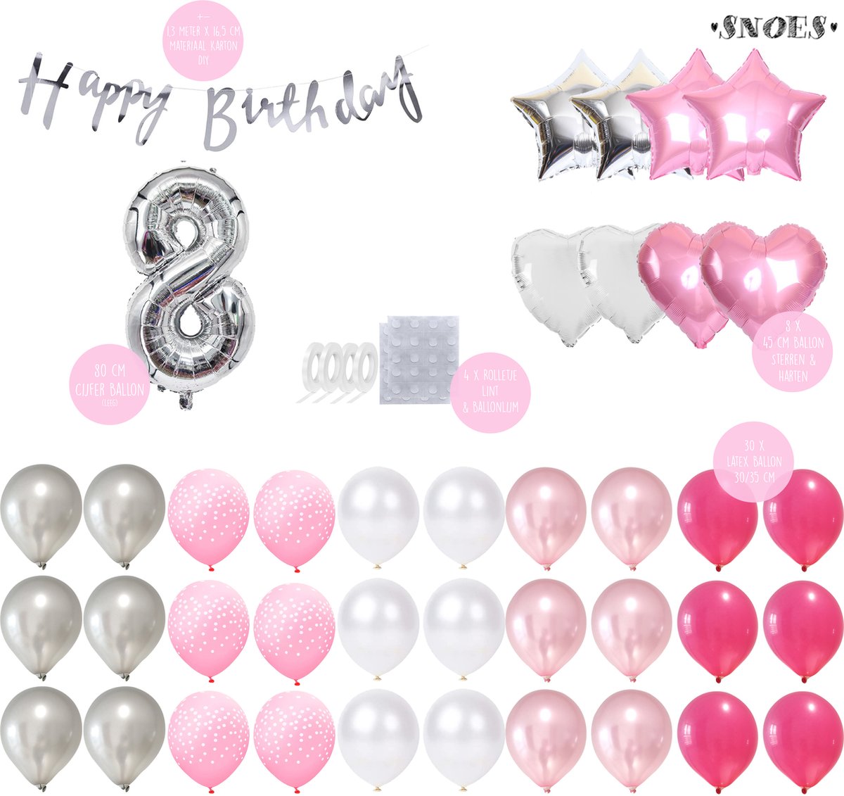Snoes Ballonnen 8 Jaar Pink Blush Silver Mega Ballon - Compleet ...