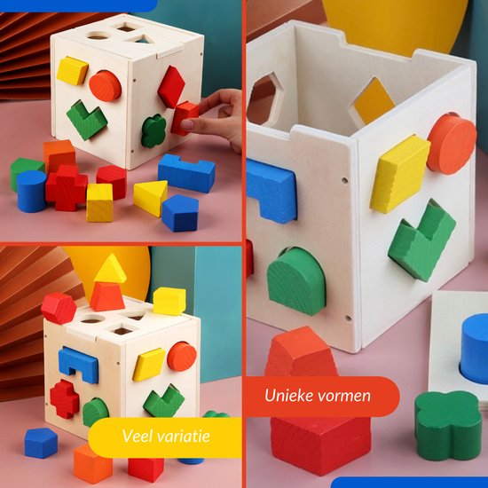 Buxibo - 16-Delige Houten Blokkendoos - Vormenstoof - Vormen Puzzel Box -... | bol.com