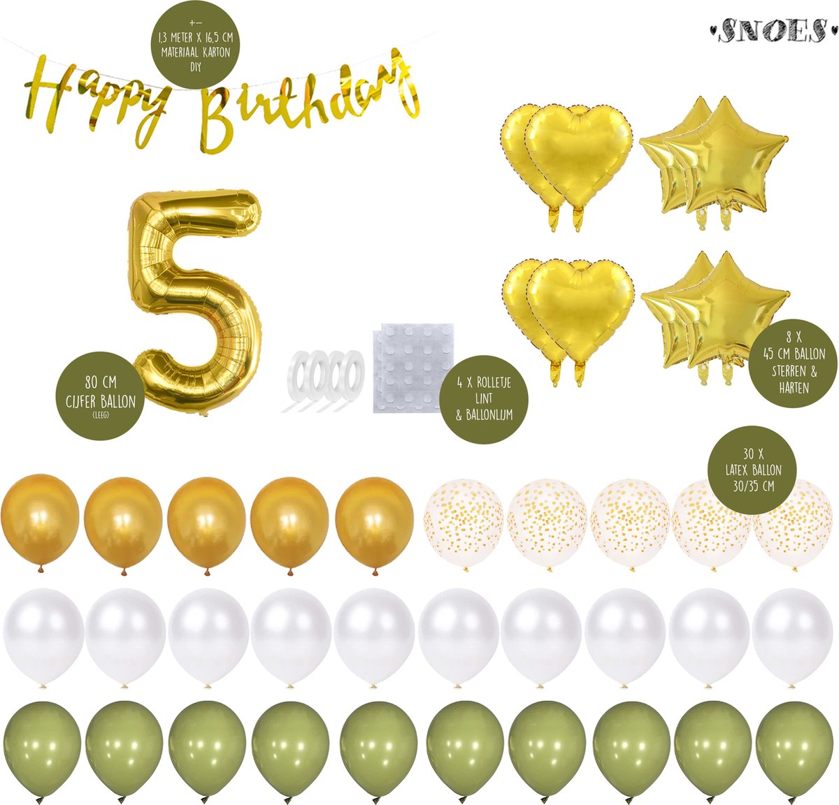 Snoes Ballonnen 5 Jaar Wit Olijf Groen Goud Mega Ballon - Compleet ...