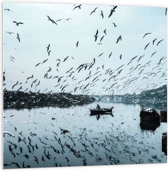 WallClassics - PVC Schuimplaat- Zwerm Vogels boven Rivier - 100x100 cm ...