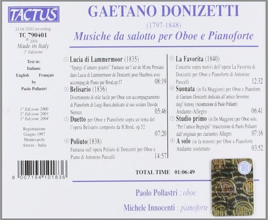 Michele Innoc Paolo Pollastri Oboe - Donizetti: Chamber Music For Oboe ...