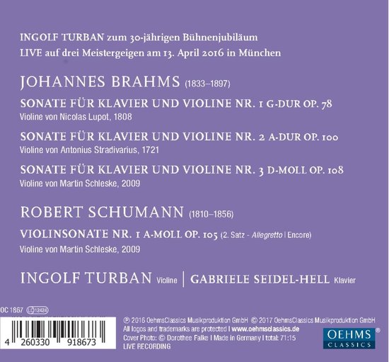 Ingolf Turban & Gabriele Seidel-Hell - Brahm: Violin Sonatas (CD ...
