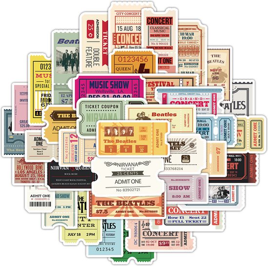 60 Stickers met afbeeldingen van Retro Concerttickets, Muziek tickets ...