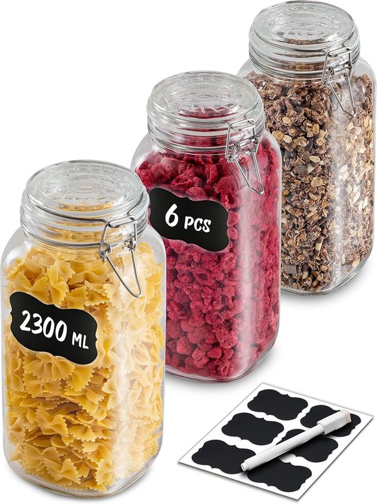 3 Bewaarpotten met Swing Top Large 2 L met Labels, Pen en Extra ...