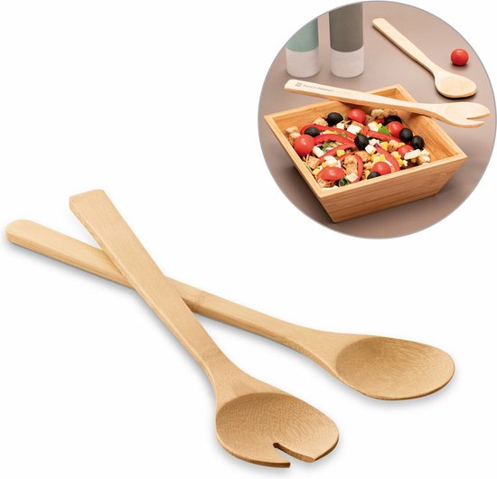 Sla bestek/sla couvert setje - bamboe - 30 cm - Salade opscheplepels | bol